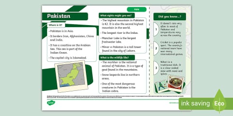 All About Pakistan Research Worksheet for K-2nd Grade