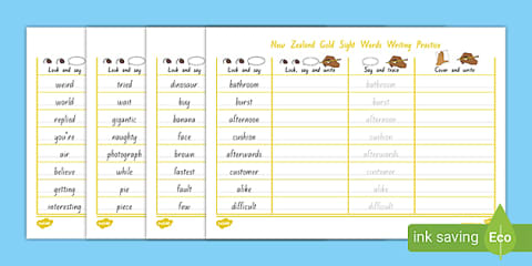 New Zealand Red Sight Words Writing Practice