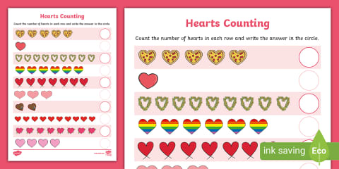 Hearts Missing Numbers to 20 Worksheet