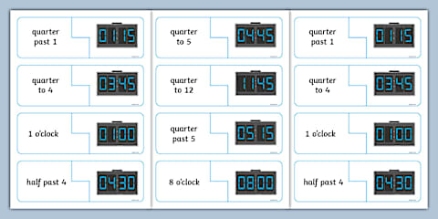 Telling the Time - 24-hour Digital time and Analogue Matching Cards