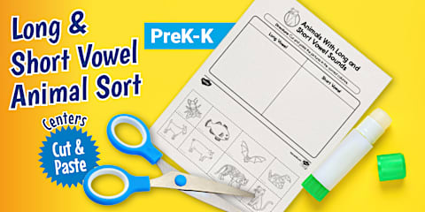 Long and Short Vowels Cut and Paste Sorting Worksheet for PreK-K