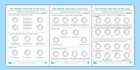 Analogue Clock in Five-Minute Intervals Worksheet