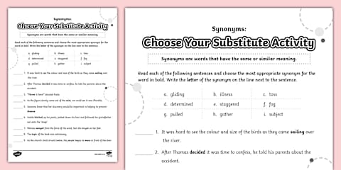 Synonym Words Matching Worksheet
