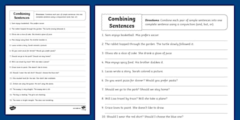 Combining Sentences with "and" Worksheet for 1st-2nd Grade