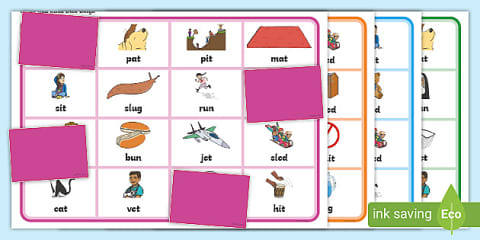 Rhyming Words Photo Bingo (at, in, ig, un, op, et)