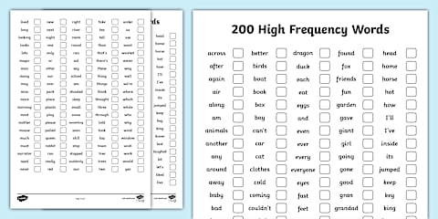 200 High Frequency Words Word Mat