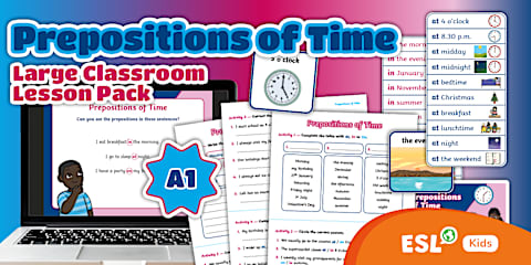 ESL Prepositions of Time: Matching Cards with In, On and At [Kids, A1]