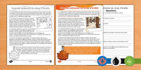 National Maple Syrup Day Reading Comprehension Activity Junior