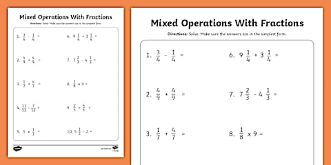 Seventh Grade Math Basic Skills Fraction Operations Review Worksheet