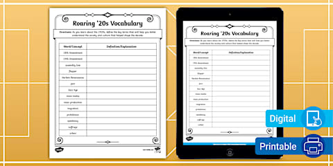 Roaring '20s Review Worksheet for 6th-8th Grade