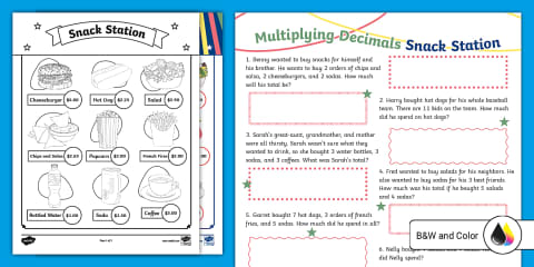 Sixth Grade Multiplying and Dividing Decimals Snack Station Worksheet