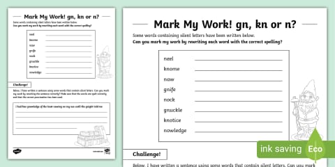Year 2 Spelling: Short /n/ sound spelt 'gn' and 'kn' Activity Booklet