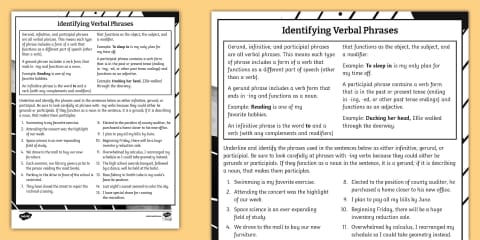 Identifying Types of Phrases Worksheet for 6th-8th Grade