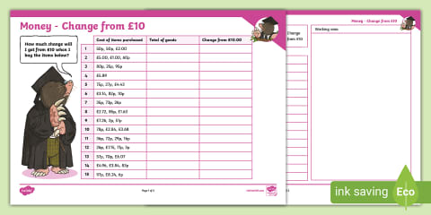 Change from £10 Activity Sheet
