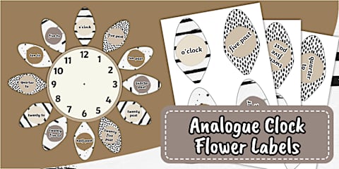 Boho Neutral Themed Analogue Clock Flower Labels Cut-Outs