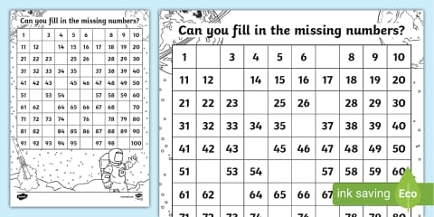 Missing Numbers 100 Square Puzzle