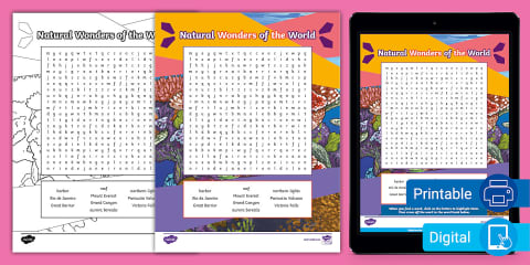Seven Natural Wonders of the World Word Search for 3rd-5th Grade