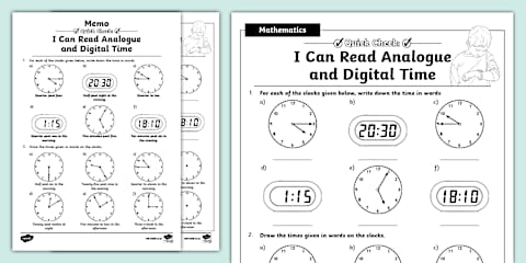 Drawing and Writing the Time on Digital and Analogue Clocks Activity Sheet