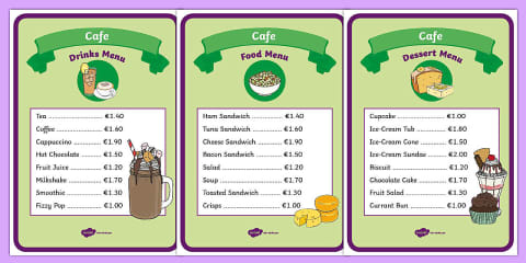 Cafe Role Play Menu and Price List Writing Sheet