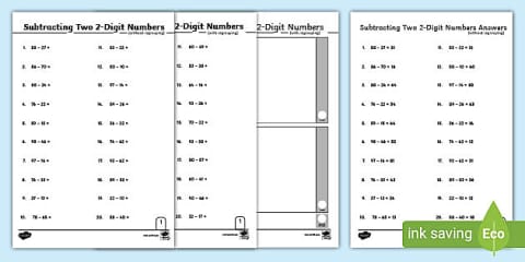 Subtracting Two 2-Digit Numbers Not Crossing 10 Worksheet