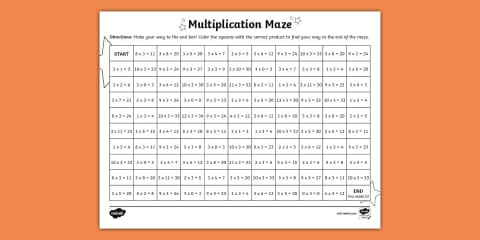 Math Multiplication Maze x 12 Worksheet for 3rd-5th Grade
