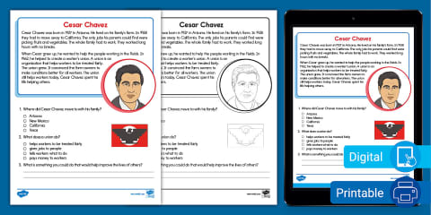 Third Grade Cesar Chavez Reading Comprehension Worksheet