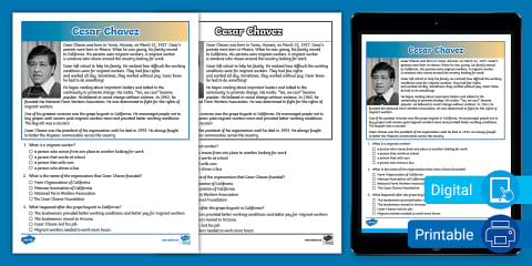 Cesar Chavez Biography Comprehension Worksheet for 1st-2nd Grade