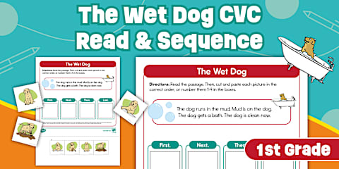 First Grade CVC Read and Sequence Cut and Paste Passages Activity Pack