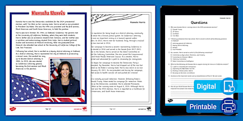 Eighth Grade Kamala Harris Reading Comprehension Worksheet