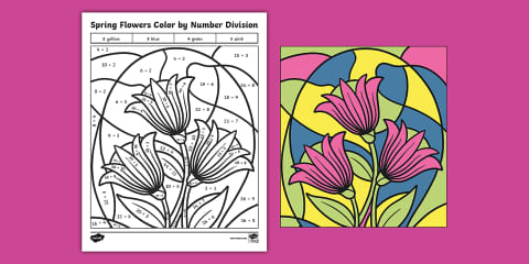 Spring Flower Single-digit Subtraction Color by Number Worksheet