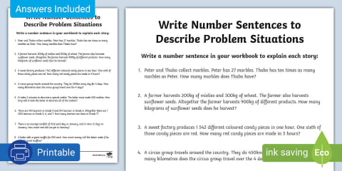 Translating Story Sums into Number Sentences Activity Sheet