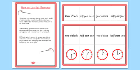 O' Clock and Half Past Digital Analogue Matching Threading Cards Activity