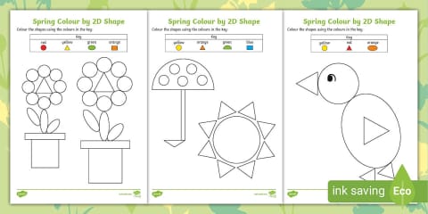 Spring-Themed 2D Shapes Count and Colour Worksheet