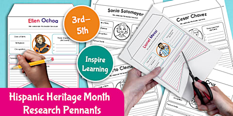 Hispanic Heritage Month Bulletin Board Research Pennants for 3rd-5th Grade