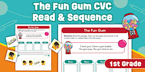 First Grade The Jam Spill CVC Read and Sequence Cut and Paste Activity
