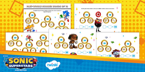 Sonic: Addition to 20 on a Number Line Worksheet for K-2nd Grade