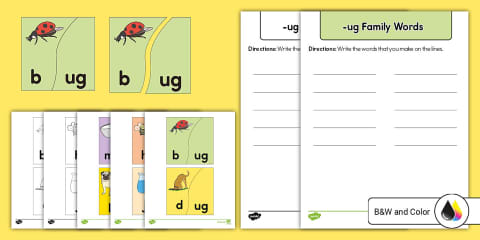 -ug vs -un CVC Word Family Sorting Worksheet for K-1st Grade