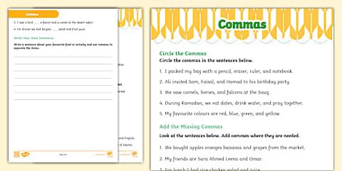 All About Commas in a List Activity Sheet