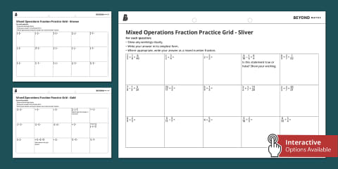 Seventh Grade Math Basic Skills Fraction Operations Review Worksheet