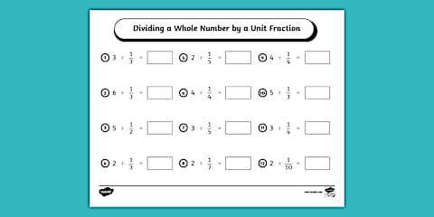 Fifth Grade Dividing Unit Fractions by a Whole Number Practice Worksheet