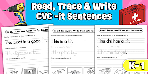 Read, Trace, and Write CVC -ug Word Family Worksheets for K-1st Grade