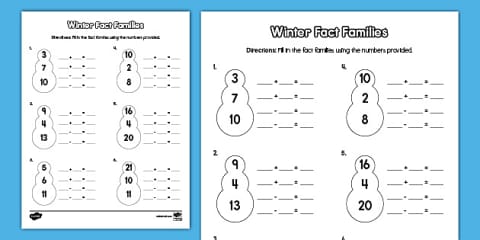 Addition and Subtraction Fact Family Worksheets for 1st-2nd Grade