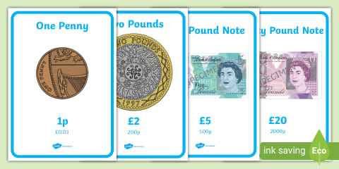 British (UK) Money Coins and Notes Display Posters KS1 Printable