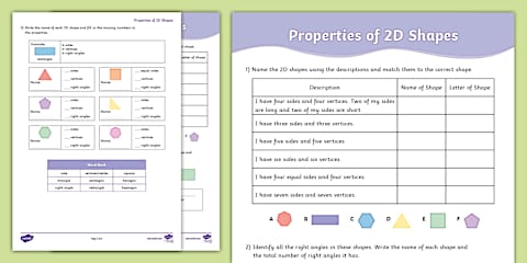 Year 4 Properties of 2D Shapes Activity Sheet
