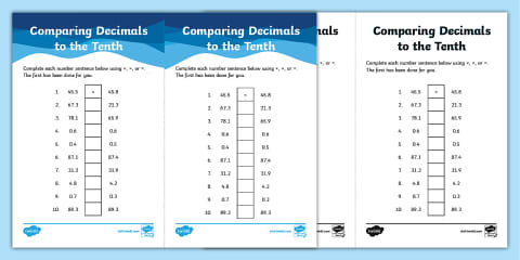 Comparing and Ordering Decimal Numbers Activity Sheet