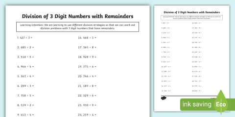 Bus Stop Method: Formal Division of 3 Digit Numbers Worksheet