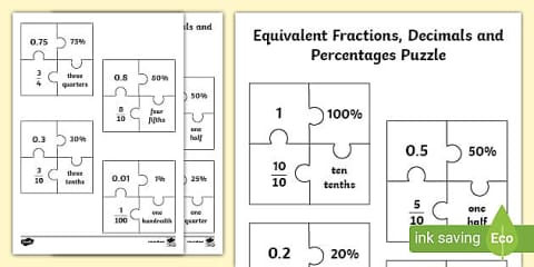 Year 6 Equivalent Fractions, Decimals and Percentages Tarsia Puzzle