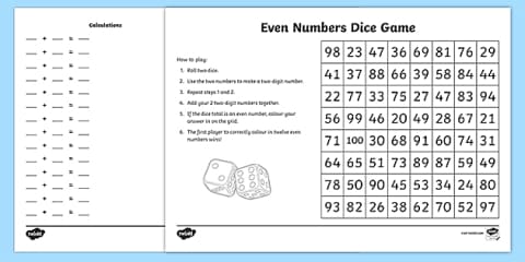 Odd and Even Number Dice Multiplication Worksheet