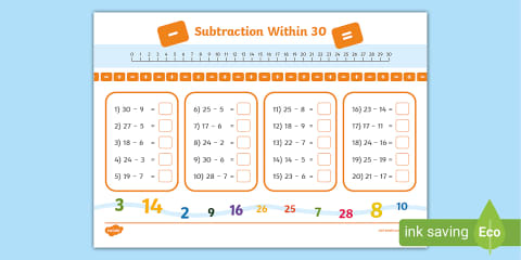Subtraction from 30 with a Number Line Worksheet