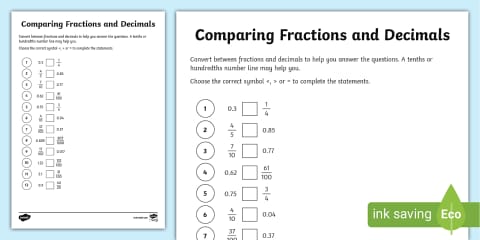Equivalent Fractions, Decimals and Percentages Maths Activity Sheet